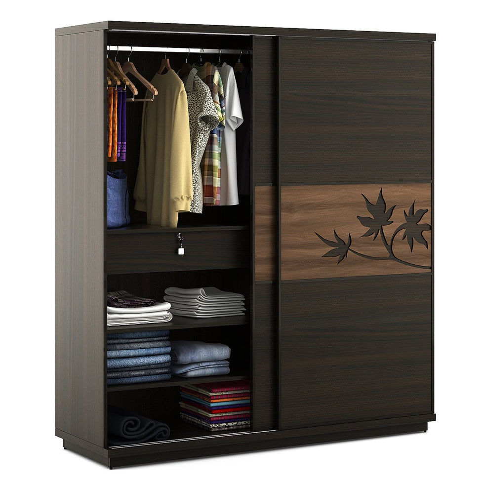Elegant Dark Wood Wardrobe with Leaf Inlay & Storage Space – Lakdi ...